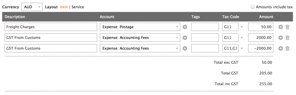Customs and Freight Charges | Cloud Accounting by Saasu.com